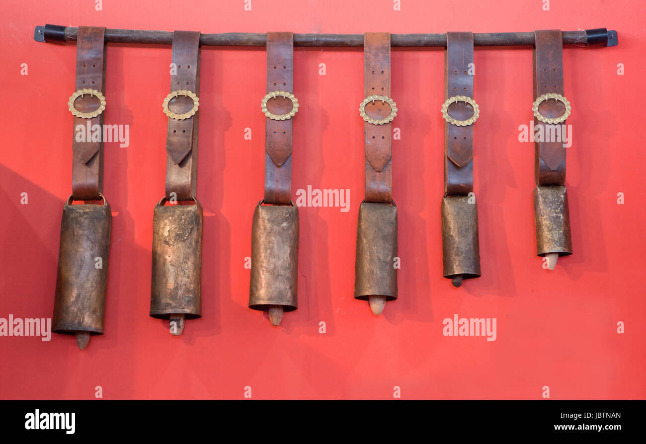 Traditional bells of different sizes made of copper for bullfighting ...