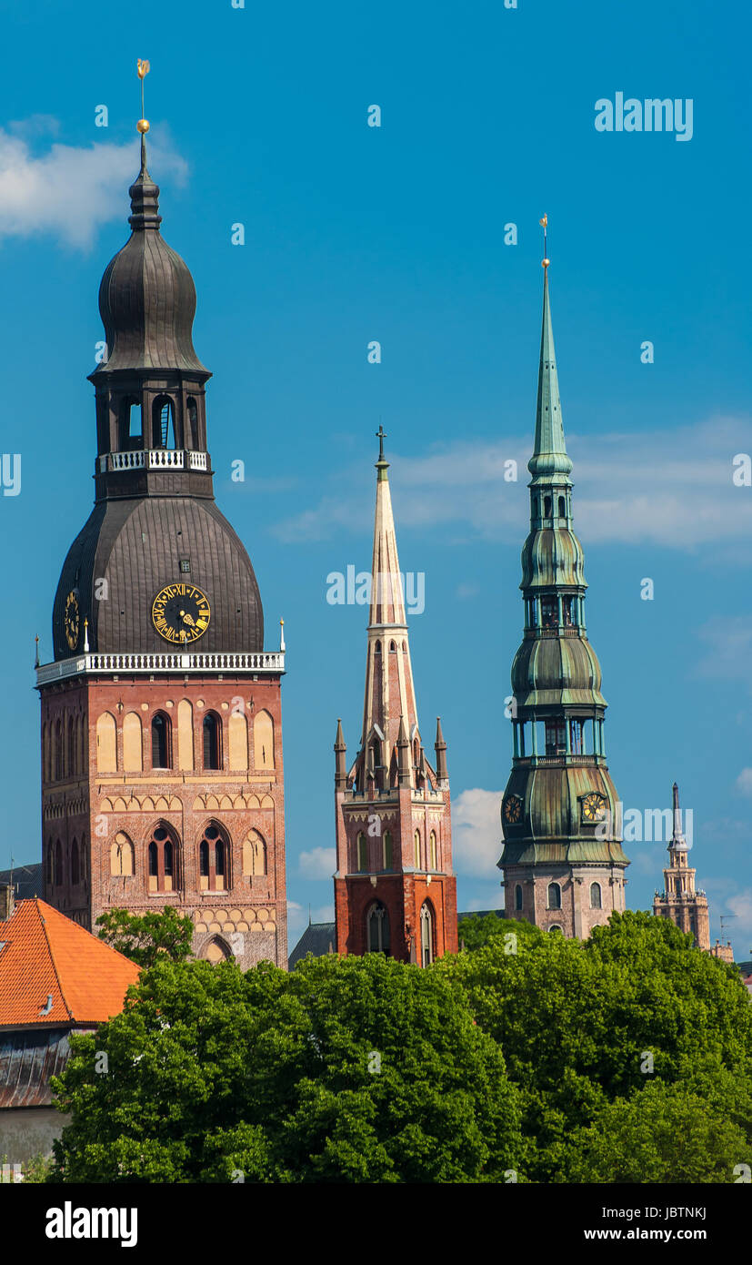 Towers of Riga seen in Riga. Three church towers in the picture are the ...