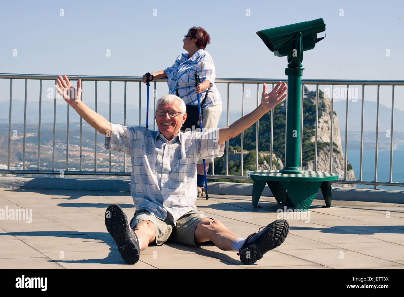 Happy hilarious senior man tourist on the top of Gibraltar Rock Stock ...