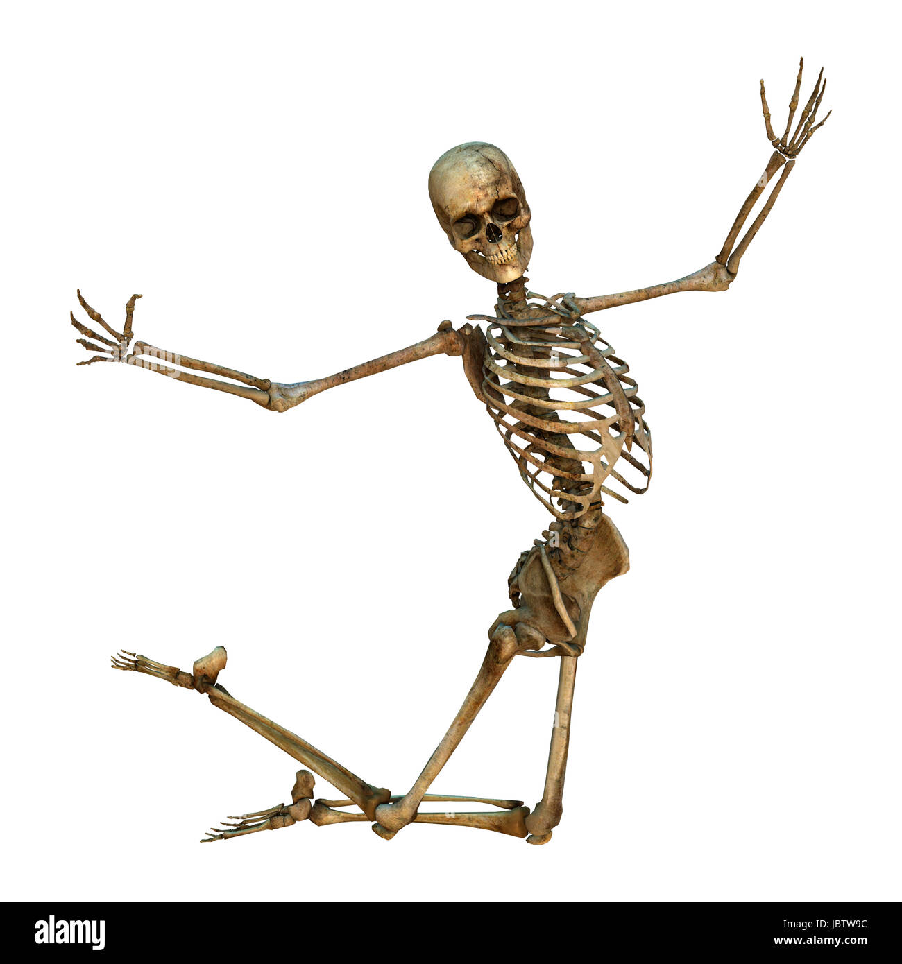 3D digital render of an old flying human skeleton isolated on white ...