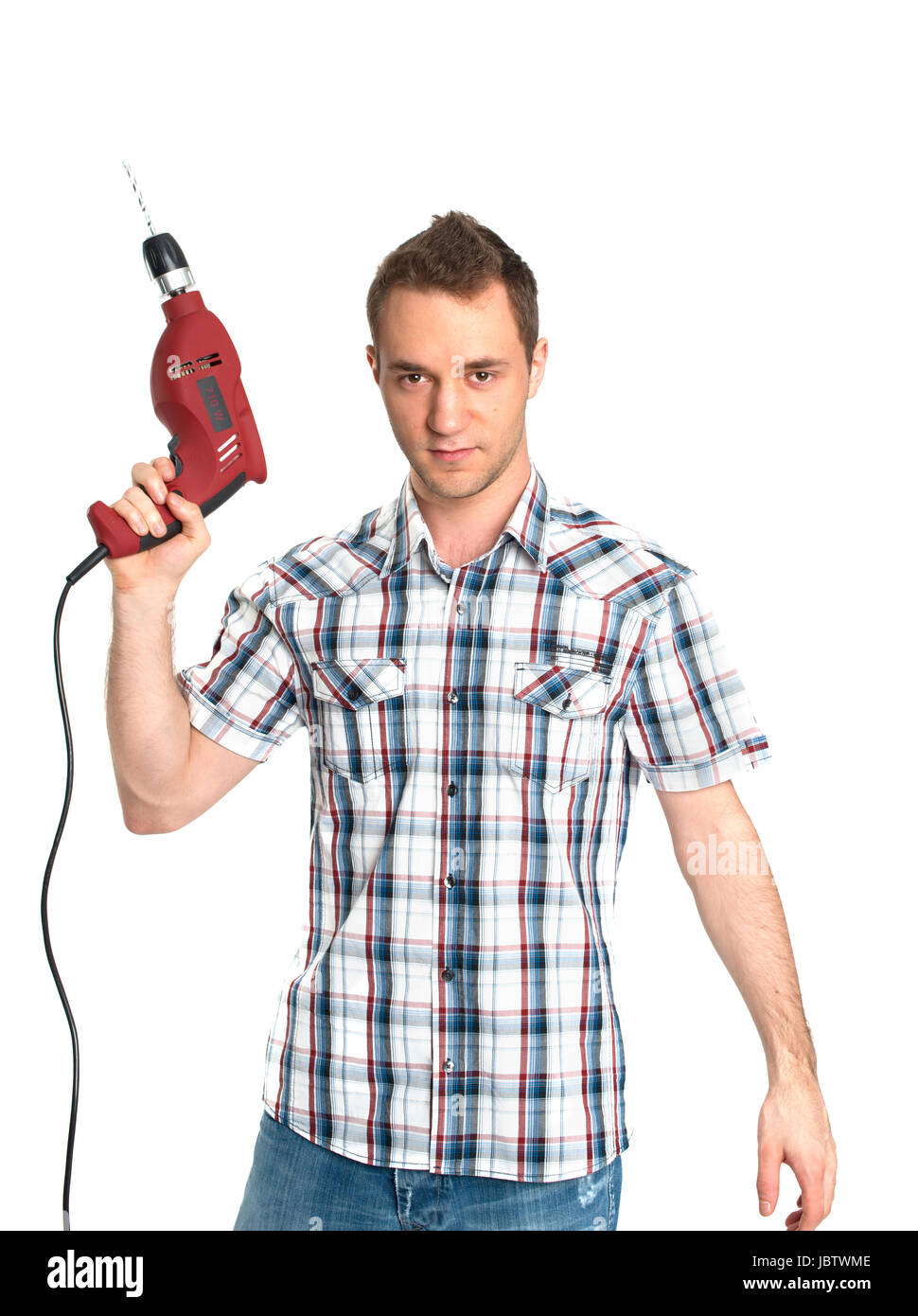 young man with drill Stock Photo - Alamy