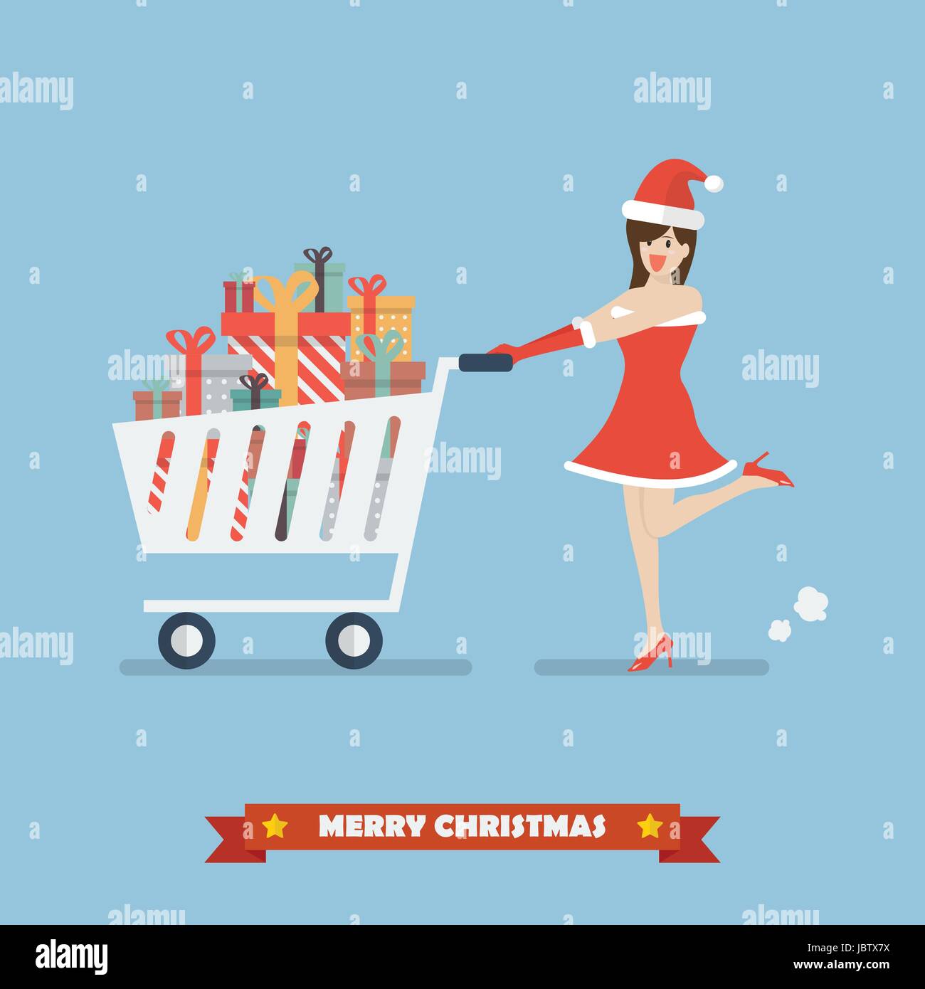 Santa woman push a shopping cart with piles of presents. Vector ...