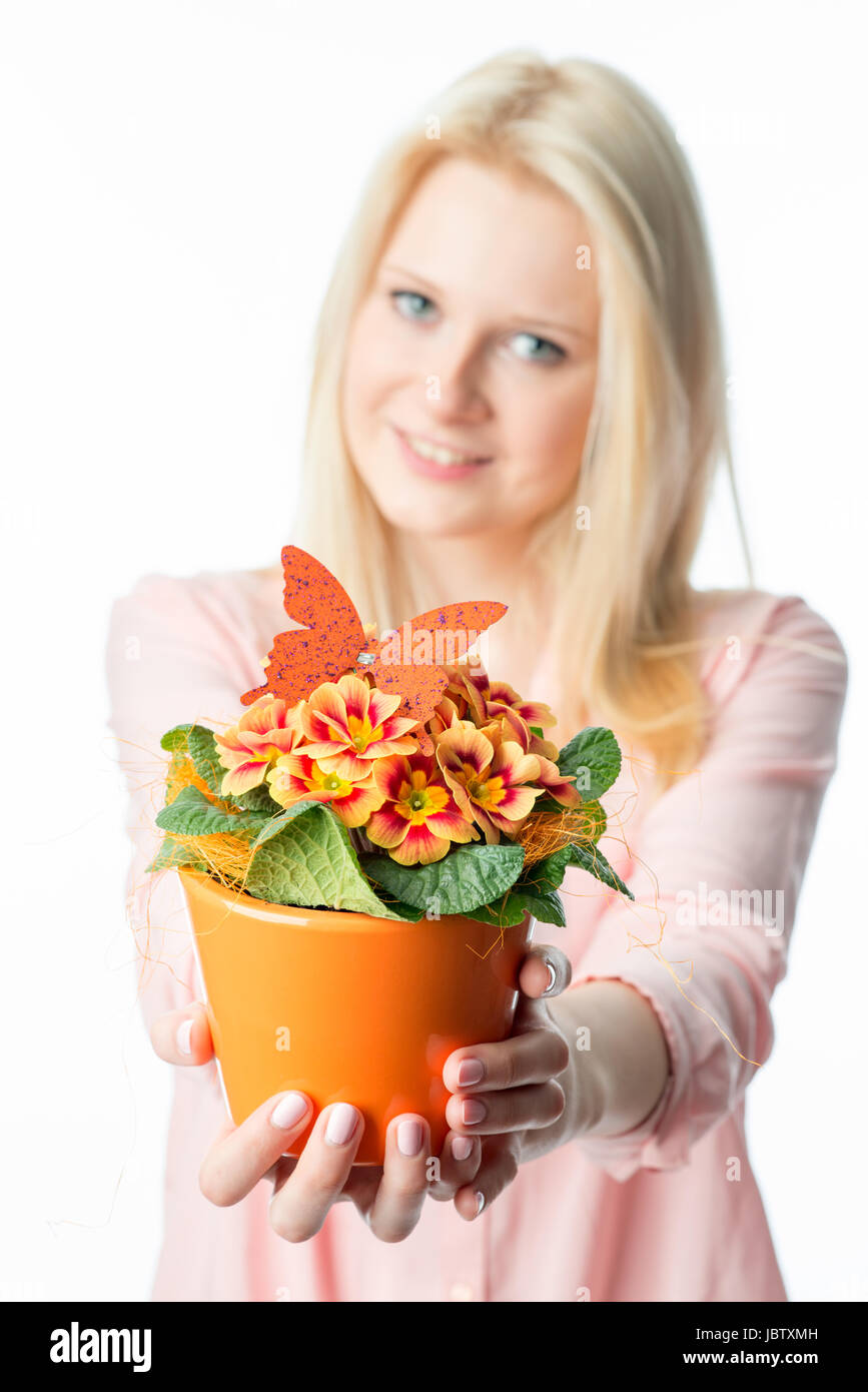 blond girl with pot plant Stock Photo - Alamy