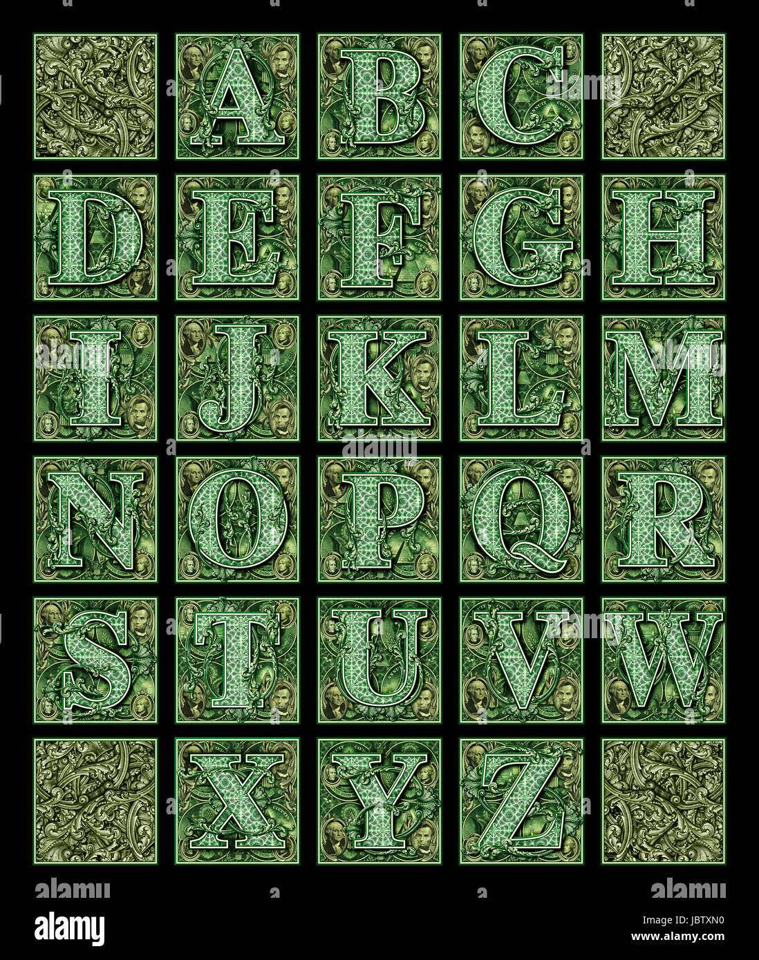 Photo illustration of an alphabet built from parts of a dollar bill ...