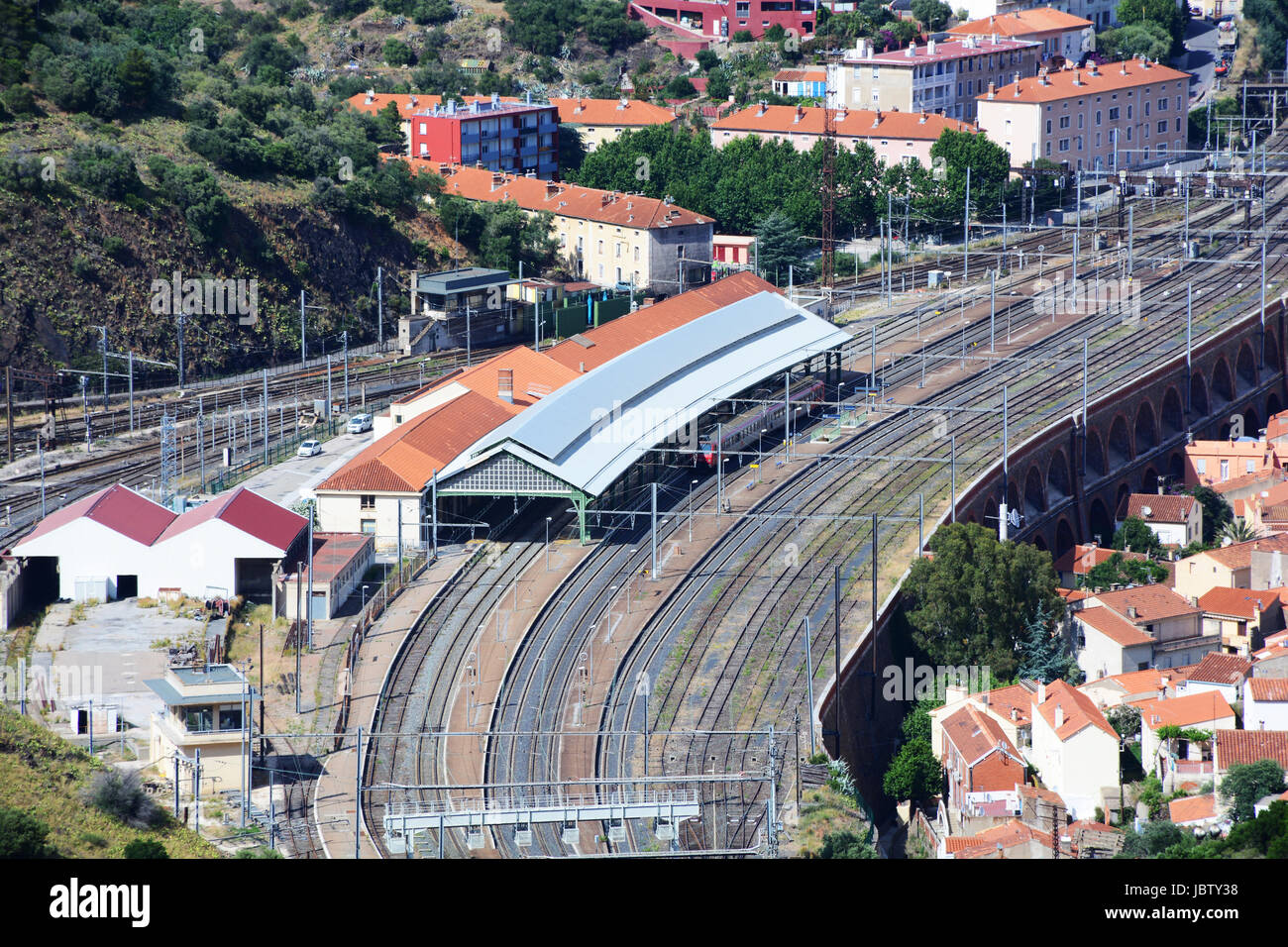 aerial view on Cerbere railway station, Pyrénées-Orientales, Occitanie ...