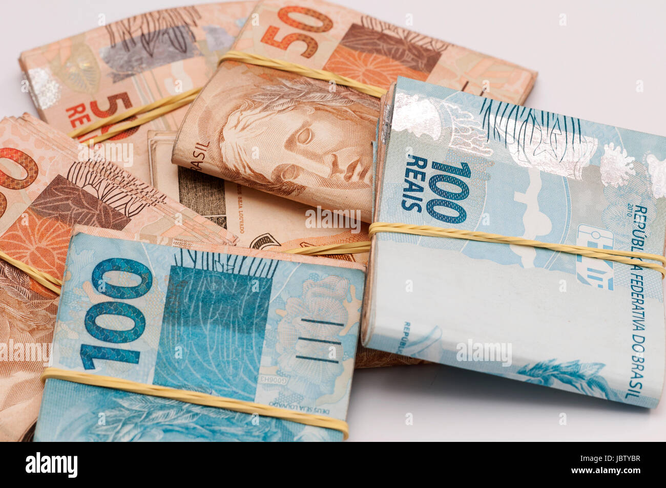 A few bills of brazilian currency (real) on white background Stock ...