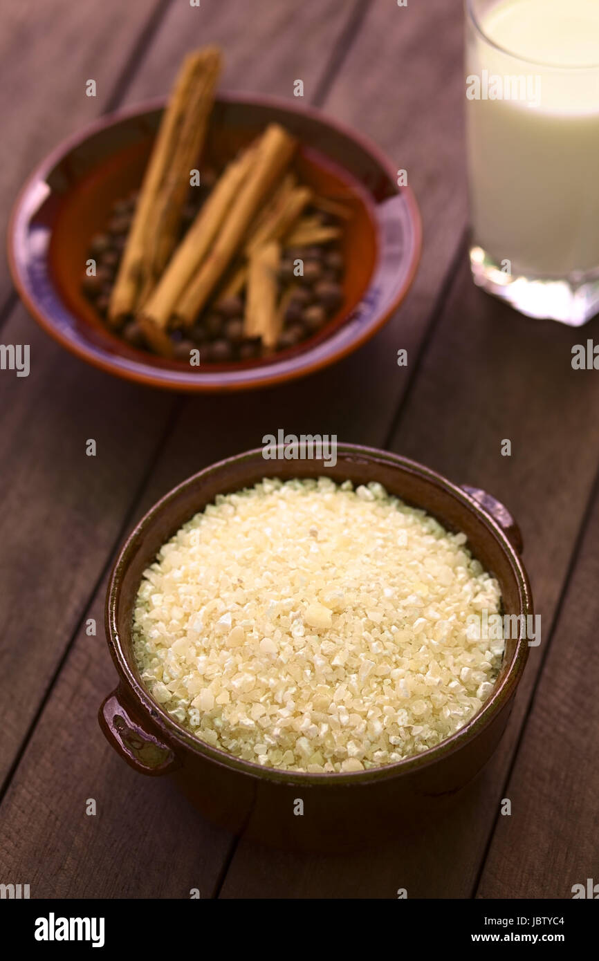 Raw Ecuadorian morocho (coarsely ground white corn) which is used in ...