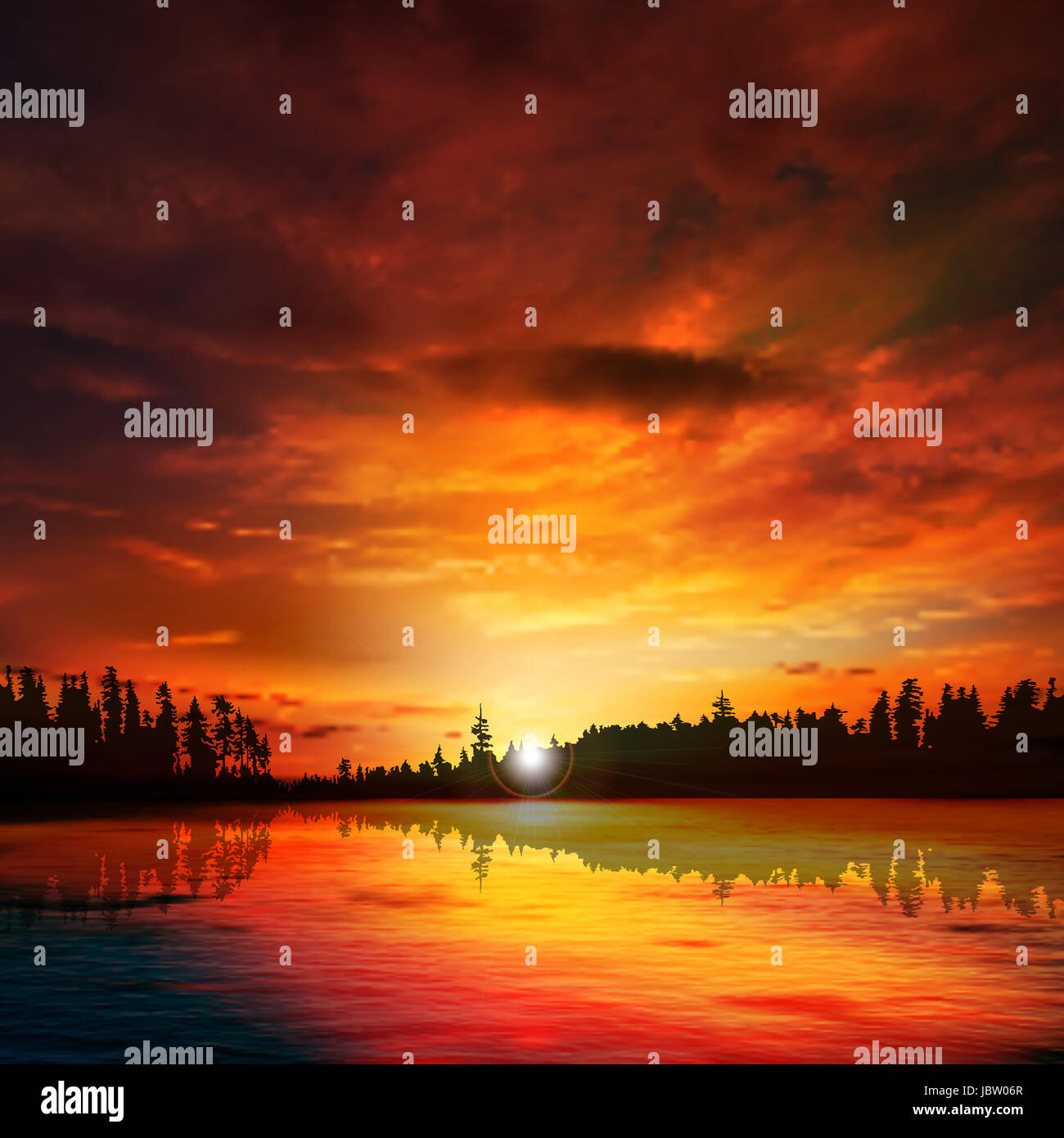 abstract nature dark background with forest lake red sunset and clouds ...