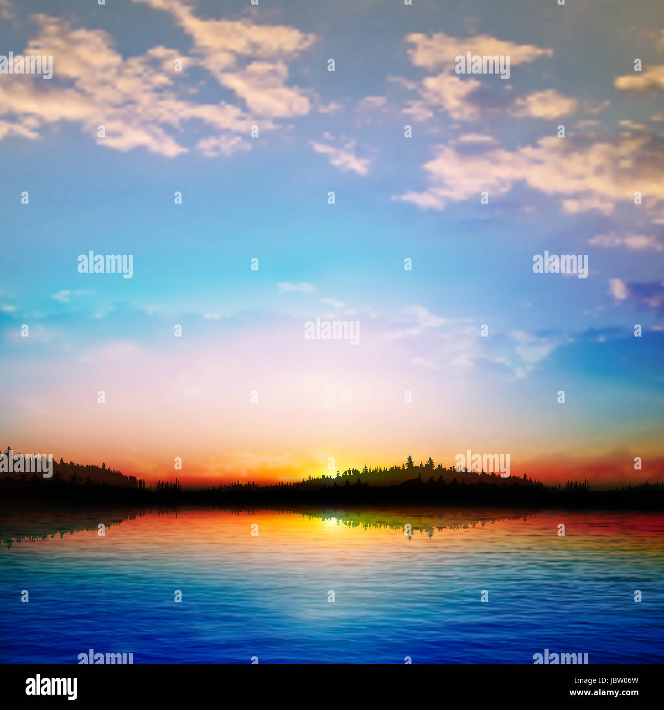 abstract sunrise background with forest lake and blue sky Stock Photo ...
