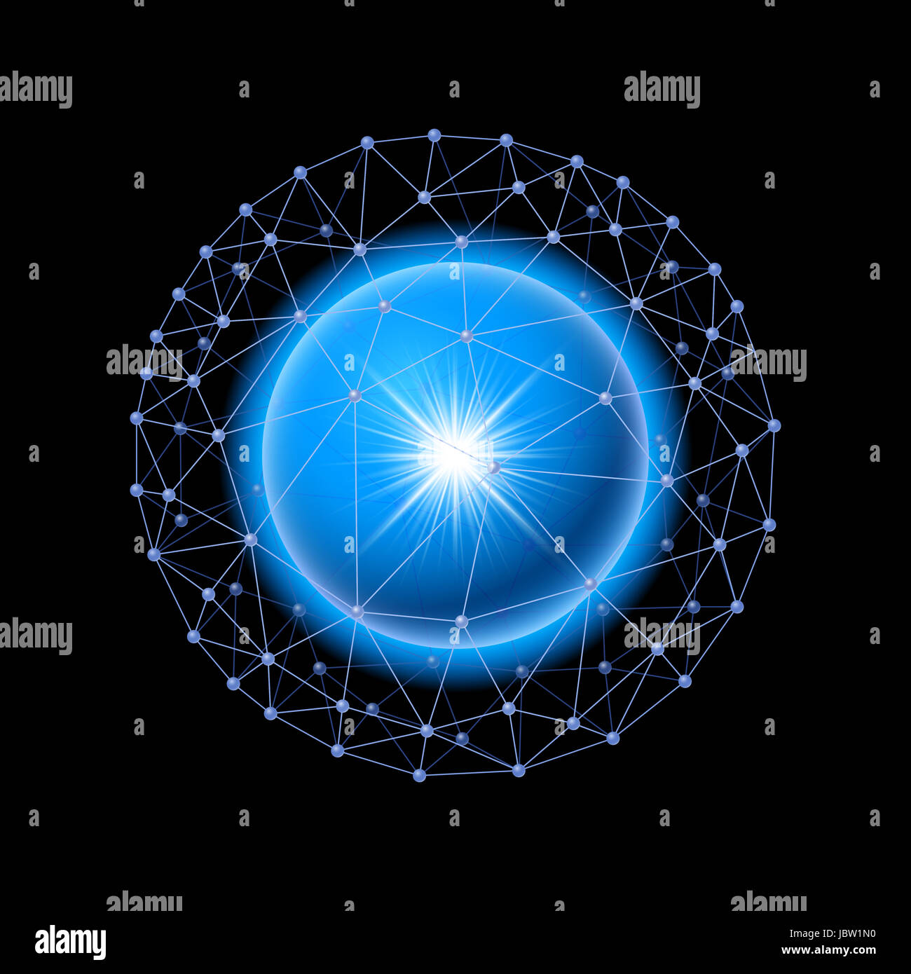 Bright blue ball inside the internet grid on a black background Stock ...