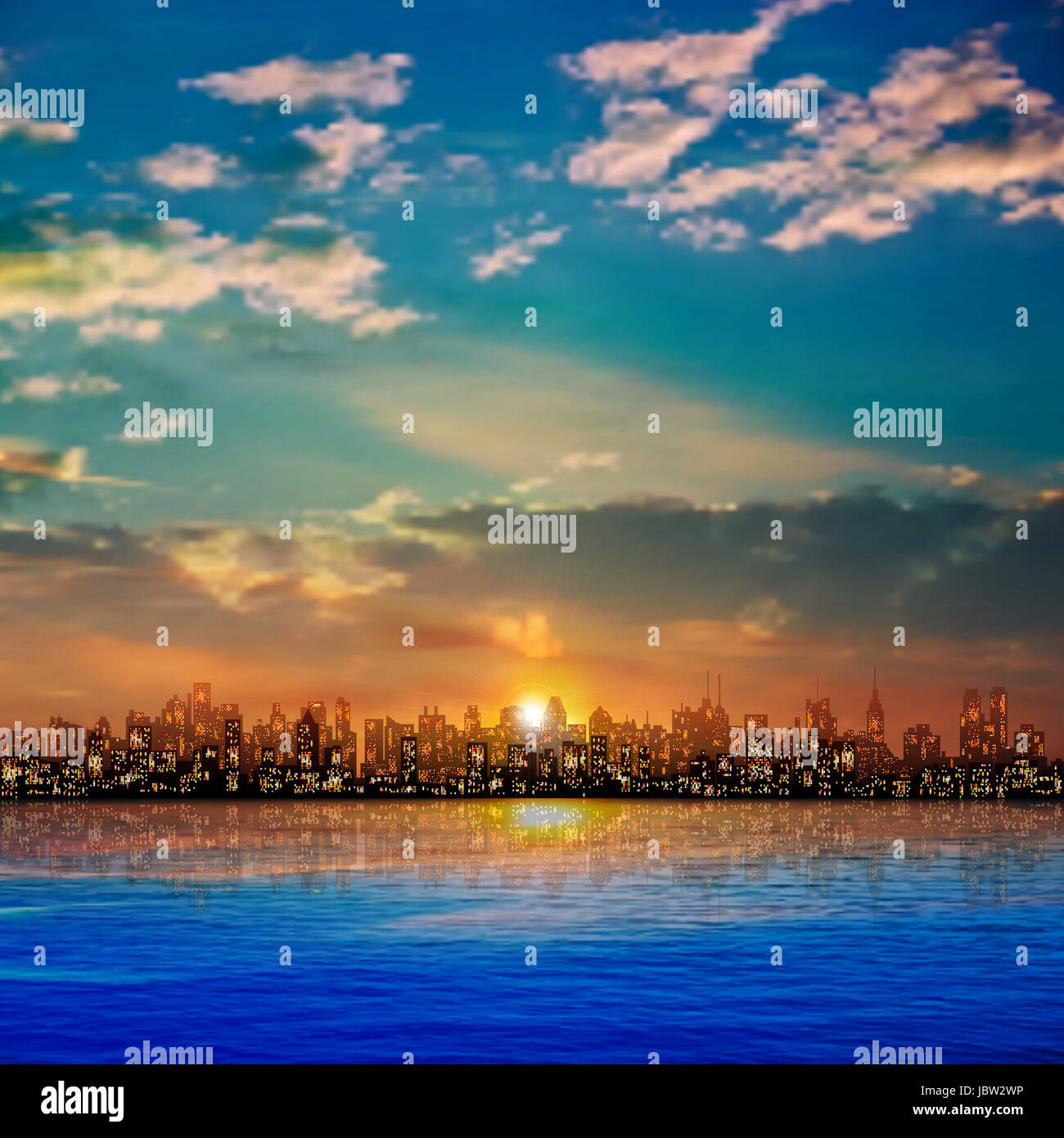 abstract nature background with panorama of city clouds and sunset ...