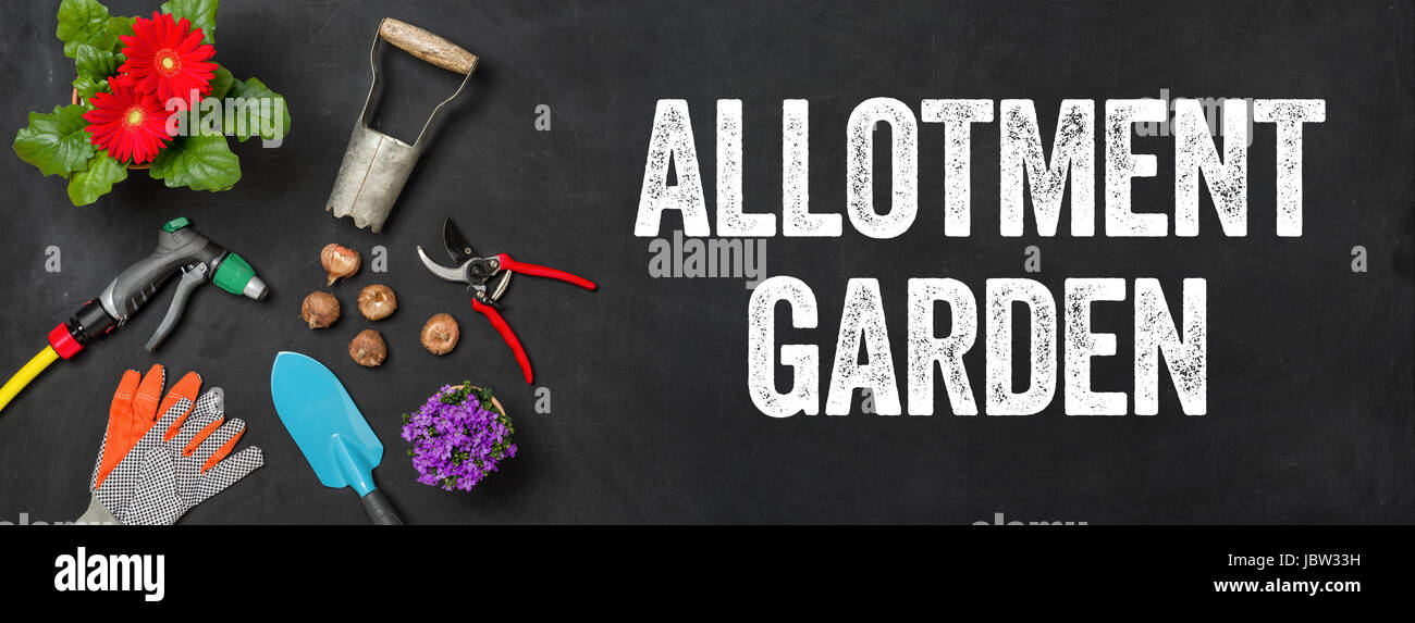 Garden tools on a dark background - Allotment Garden Stock Photo - Alamy