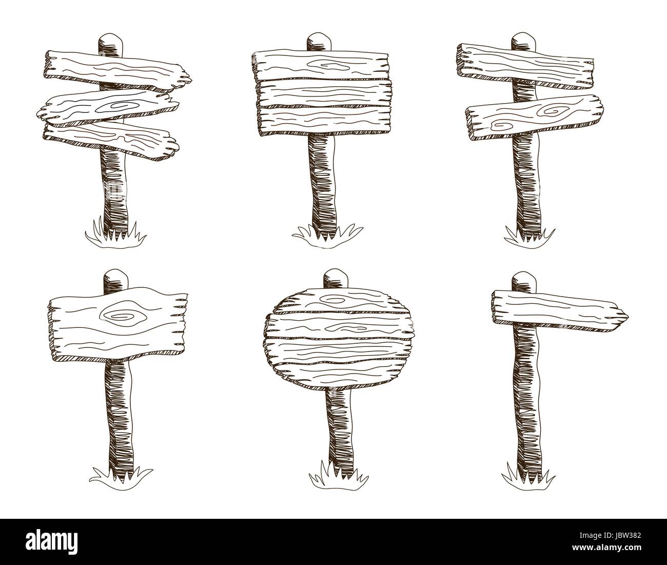 Set of sketch style vector wooden sign standing in grass. Hand drawn ...
