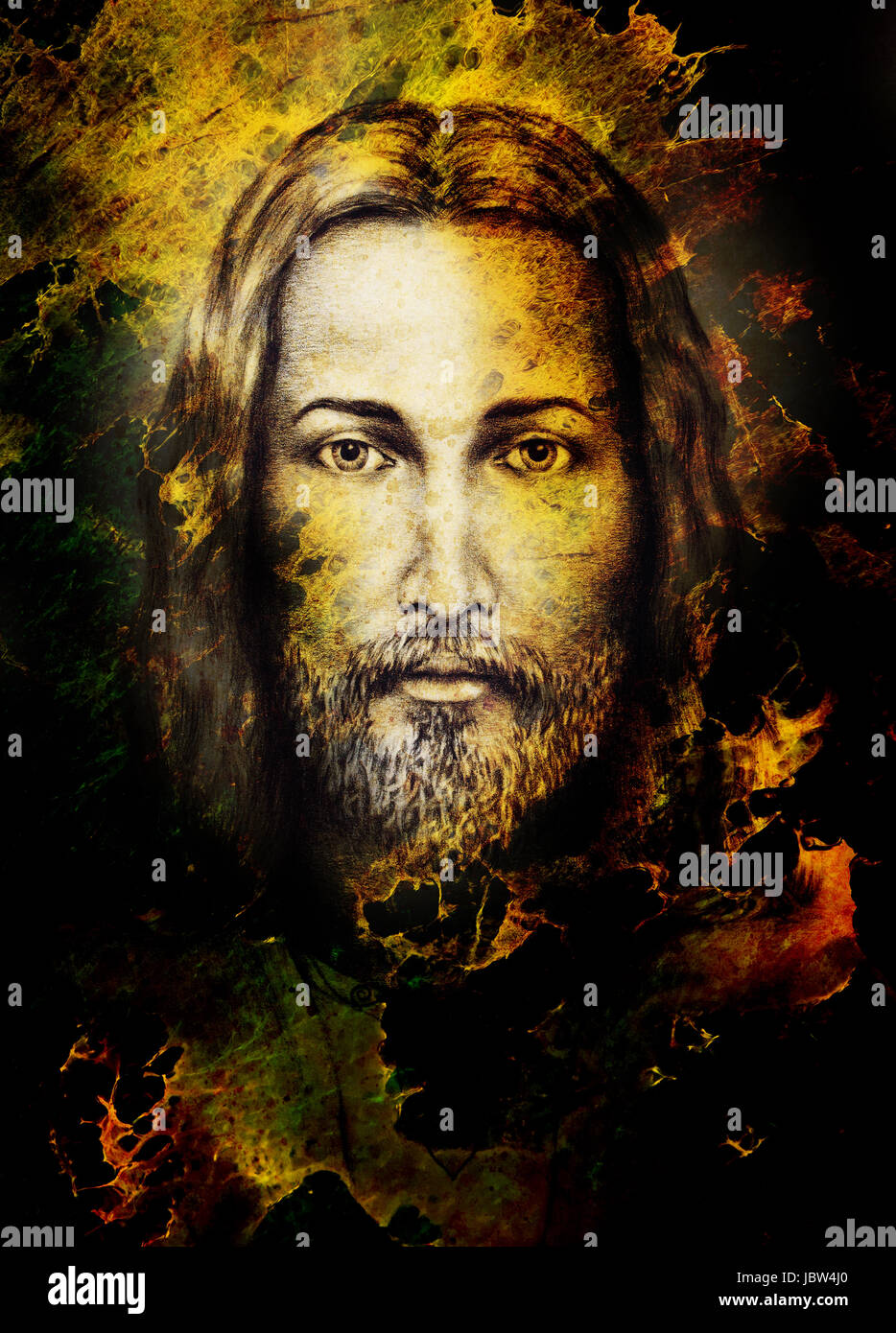 Pencils drawing of Jesus on vintage paper and color structure. Eye ...