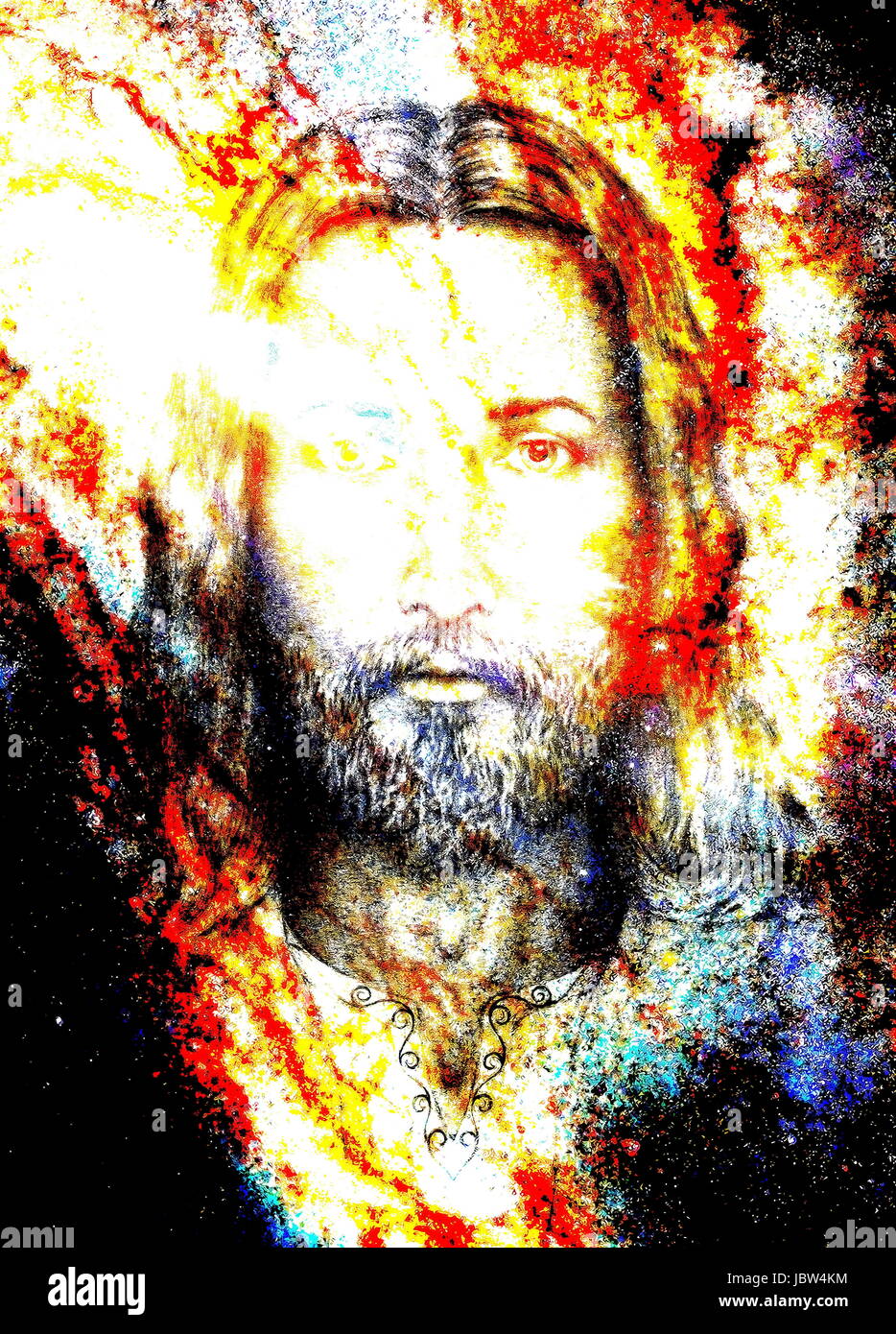 Jesus Christ painting with radiant colorful energy of light, eye ...