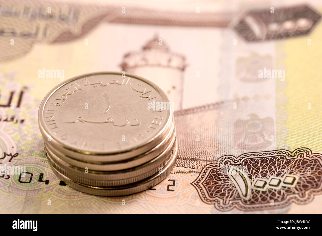 Close up Dirhams currency note and coins, AED, United Arab Emirates ...