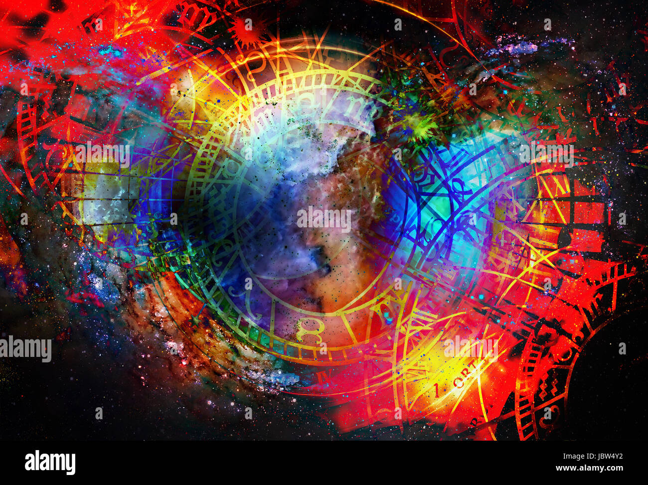 Zodiac collage in cosmic space. Abstract color background Stock Photo ...