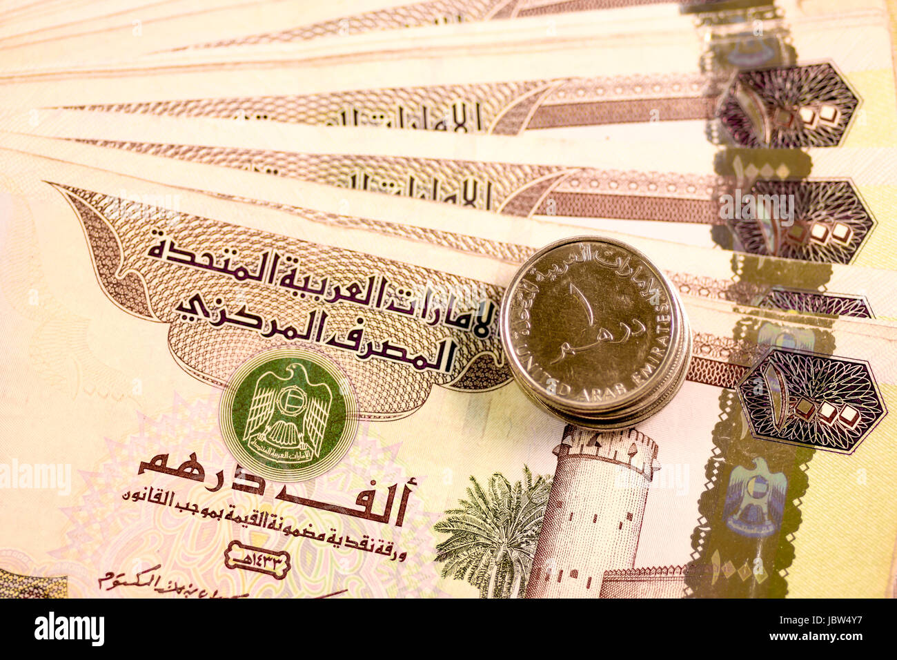 Close up Dirhams currency note and coins, AED, United Arab Emirates ...