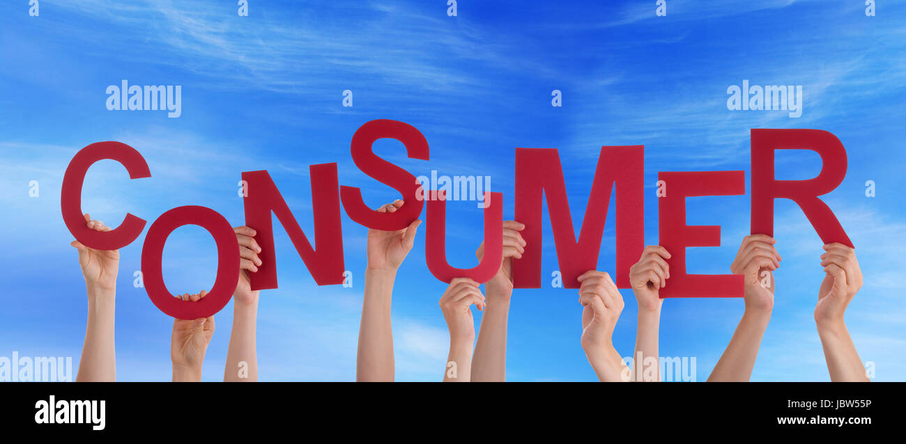 Many Hands Holding the Word Consumer in the Sky Stock Photo - Alamy