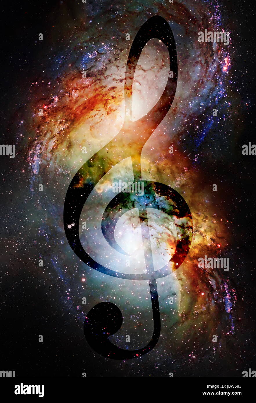 Music clef in space with stars. abstract color background. Music ...