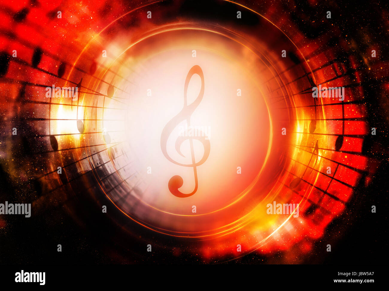 Music notes and clef in space with stars. abstract color background ...