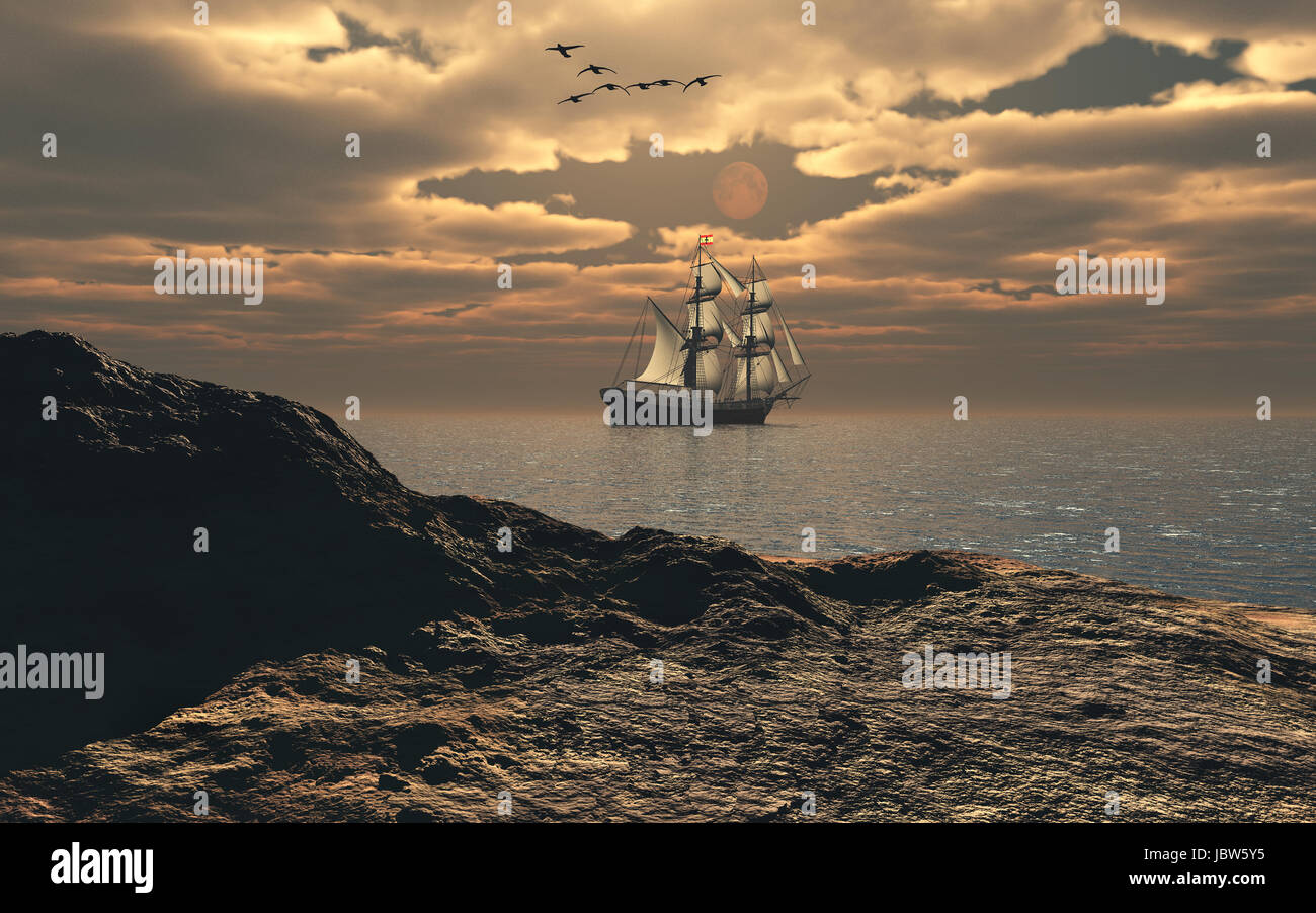 A Spanish Brig Out At Sea Stock Photo - Alamy