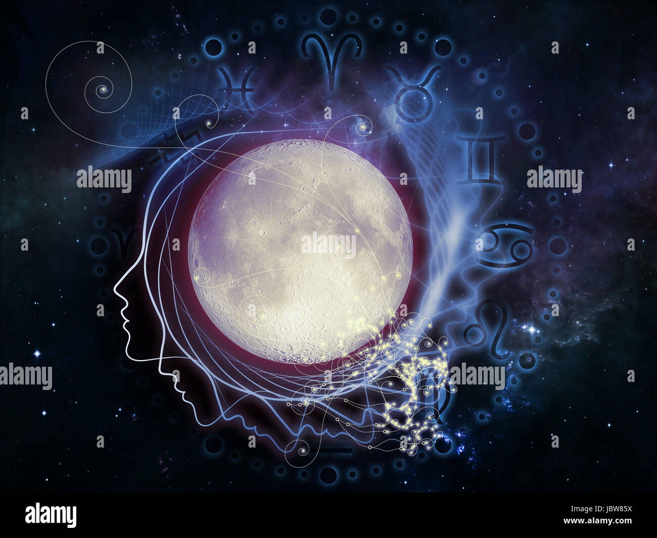 Inner Moon series. Composition of moon, human profile and astrological ...