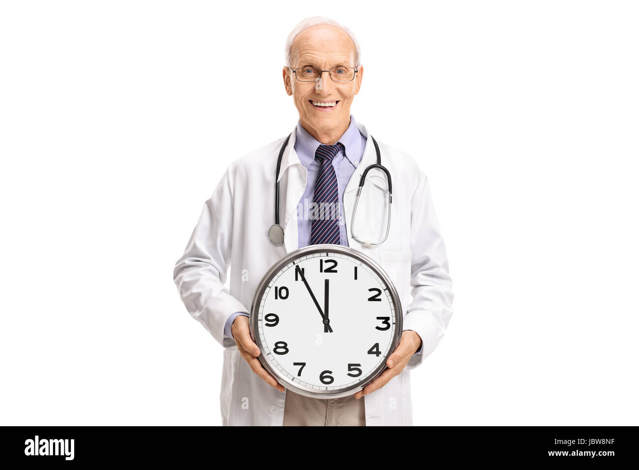 Doctor holding a wall clock isolated on white background Stock Photo ...