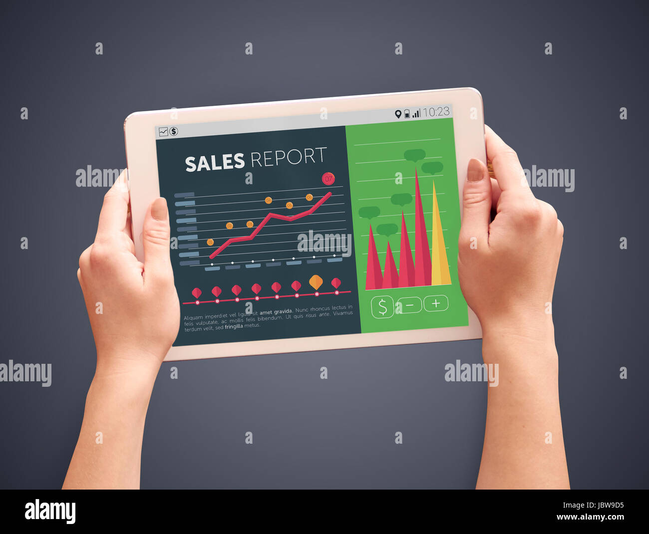 Reading sales reports on digital tablet screen Stock Photo - Alamy