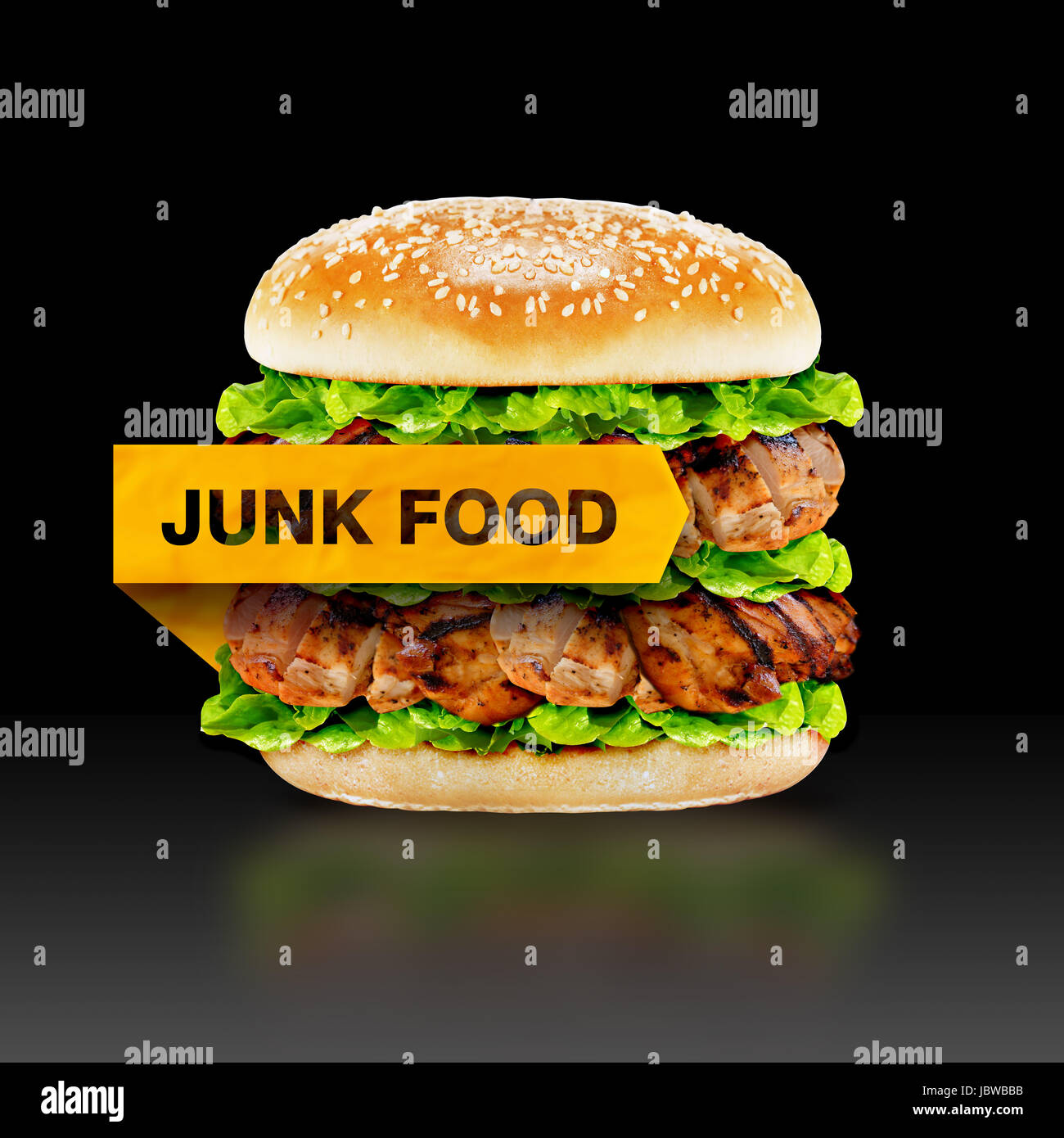 Junk Food, burger with warning message on black background with ...