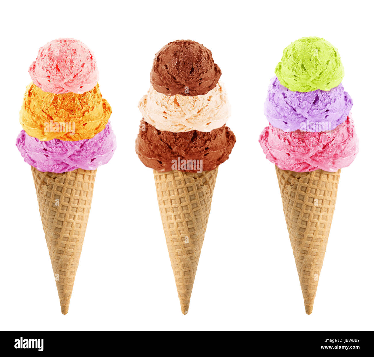 Three Ice cream with cone on white background with clipping path Stock ...