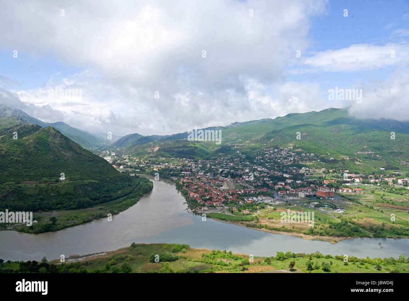 Elevated view of Mtskheta and the Mtkvari river, Georgia Stock Photo ...