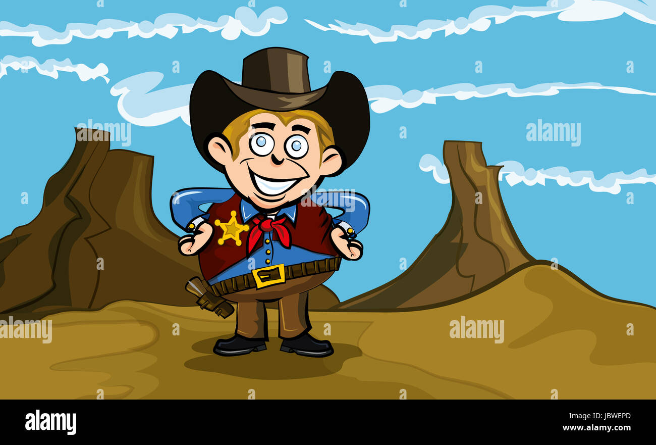 Cute cartoon cowboy smiling. He is in the desert Stock Photo - Alamy