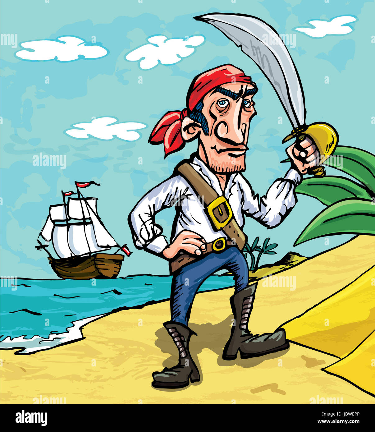 Cartoon pirate on a beach. His boat can be seen in the back ground ...