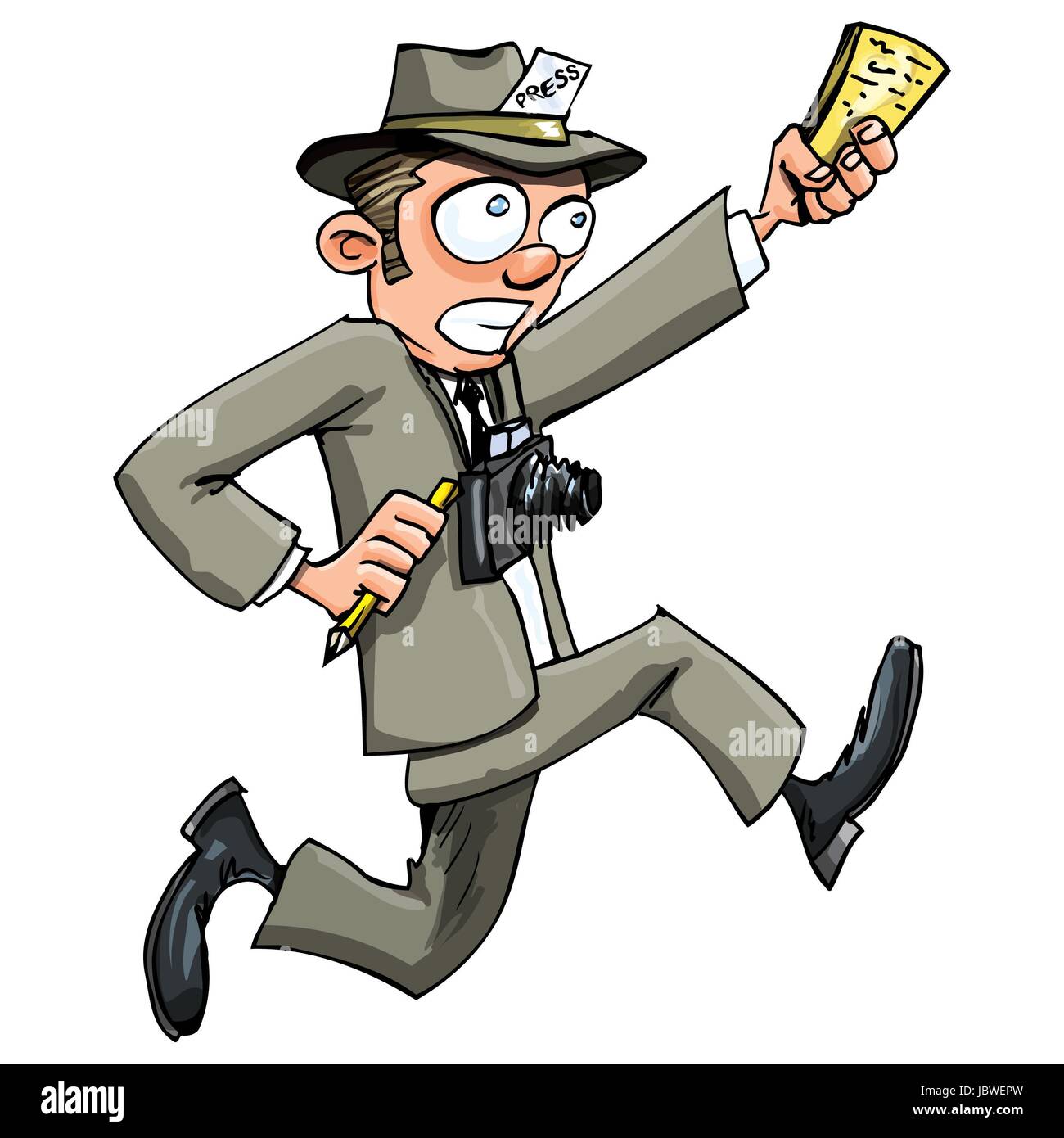 Cartoon reporter running for a interview isolated on white Stock Photo ...