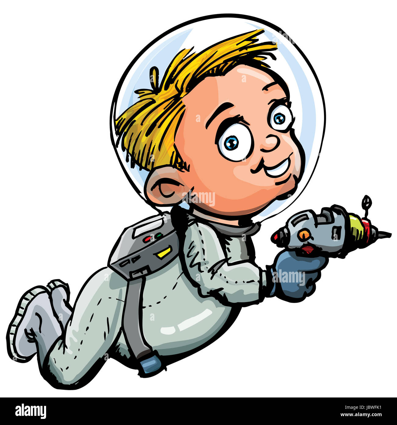 Cute cartoon of spaceman with a lazer gun. He is in a spacesuit Stock ...