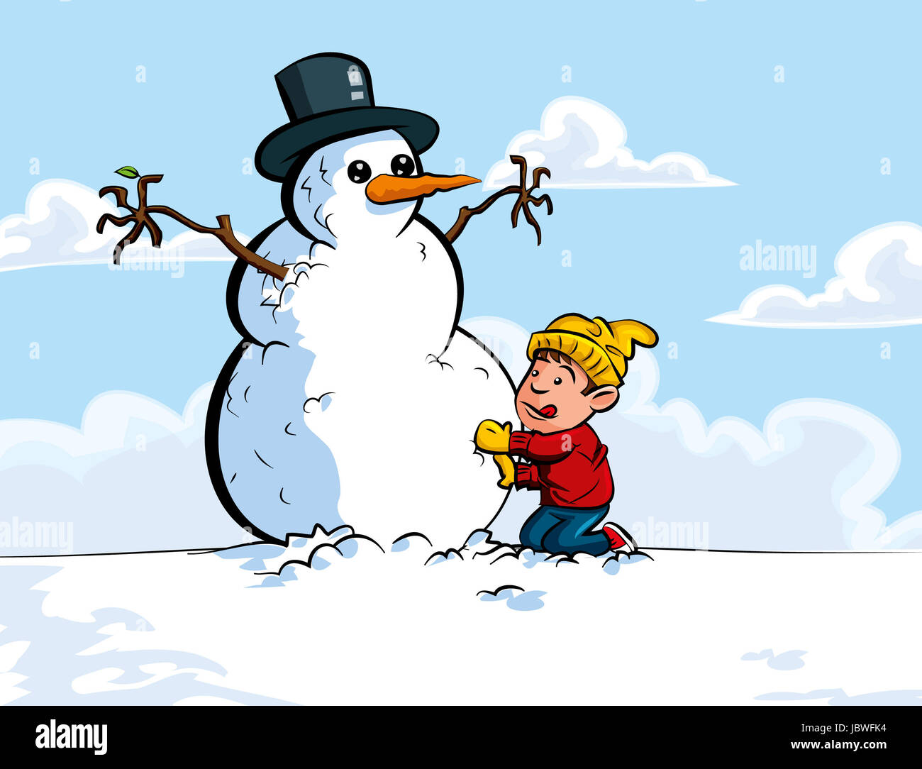 Cartoon of boy building a snowman. A blue sky in the background Stock ...