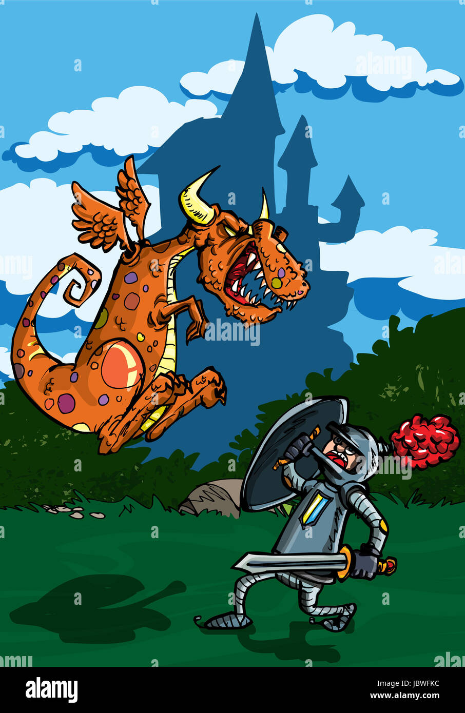 Cartoon of dragon attacking a knight. A castle in the background Stock ...
