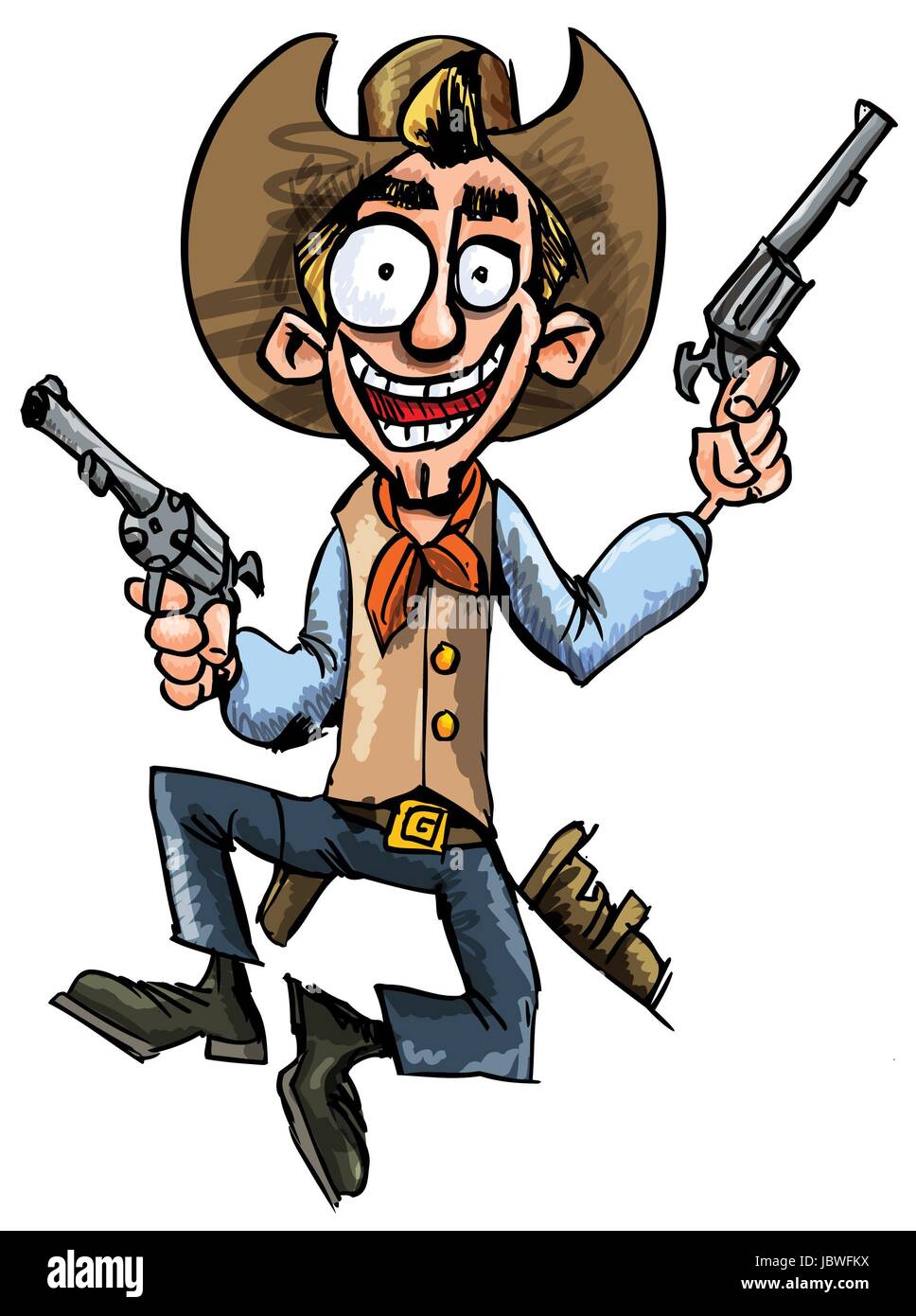 Cartoon cowboy jumping up and down with six guns. Isolated on white ...