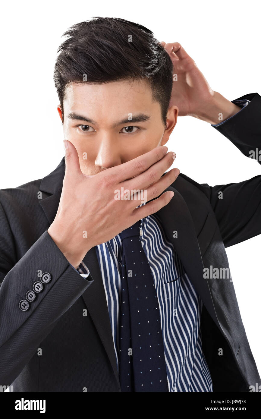 Asian business man put hands on face Stock Photo - Alamy