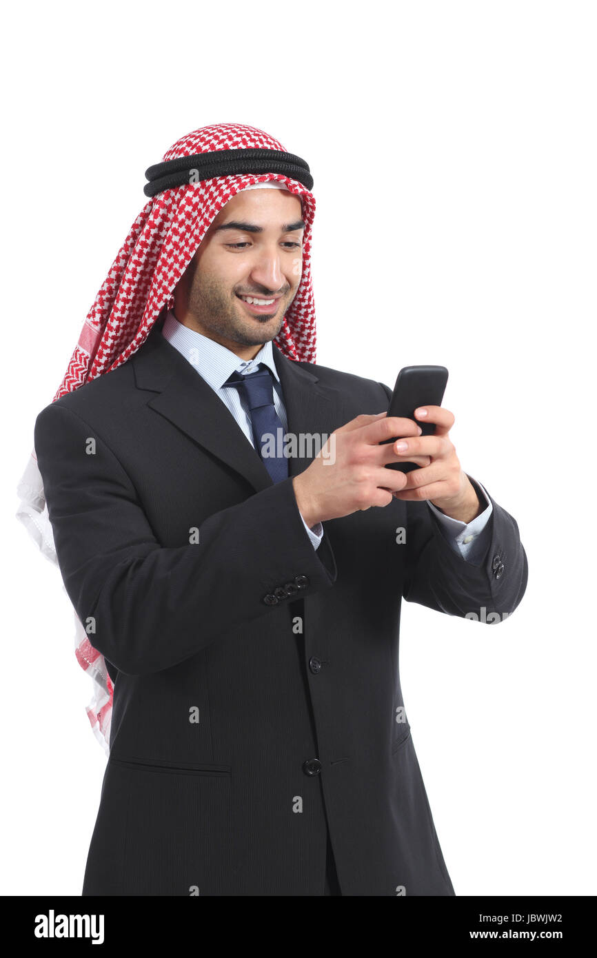 Arab saudi executive smiling and using a smart phone isolated on a ...