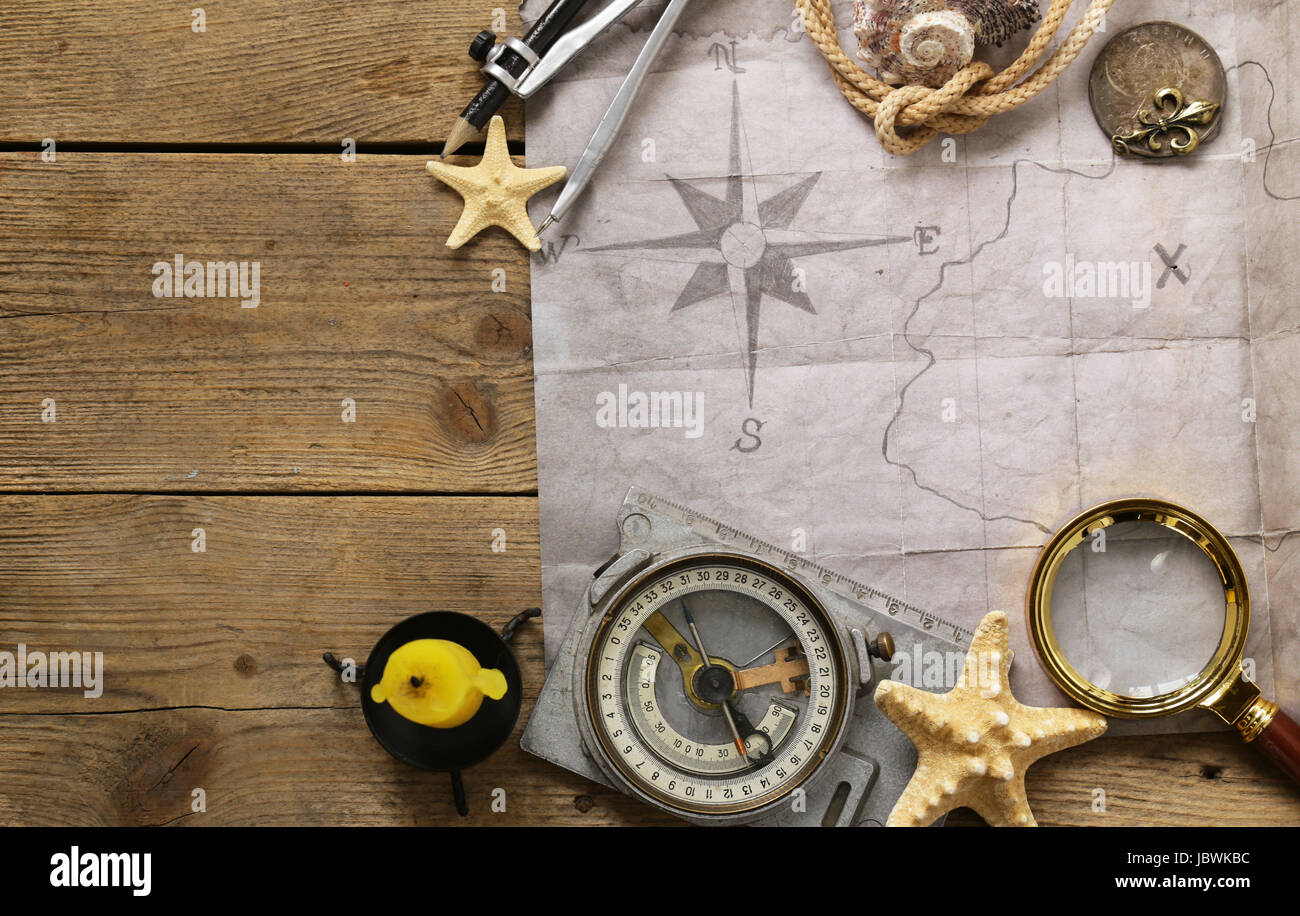 Vintage map, compass, magnifier - adventure and treasure hunt Stock ...