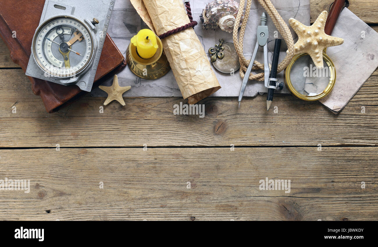 Vintage map, compass, magnifier - adventure and treasure hunt Stock ...
