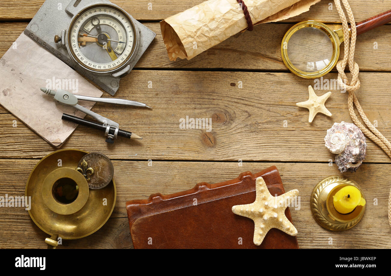 Vintage map, compass, magnifier - adventure and treasure hunt Stock ...