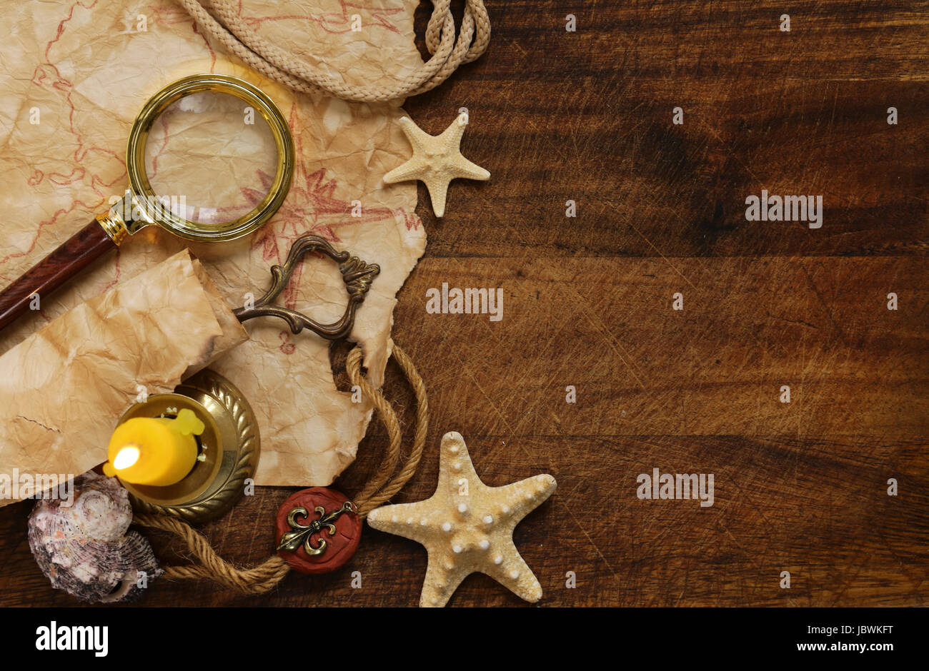 Vintage map, compass, magnifier - adventure and treasure hunt Stock ...