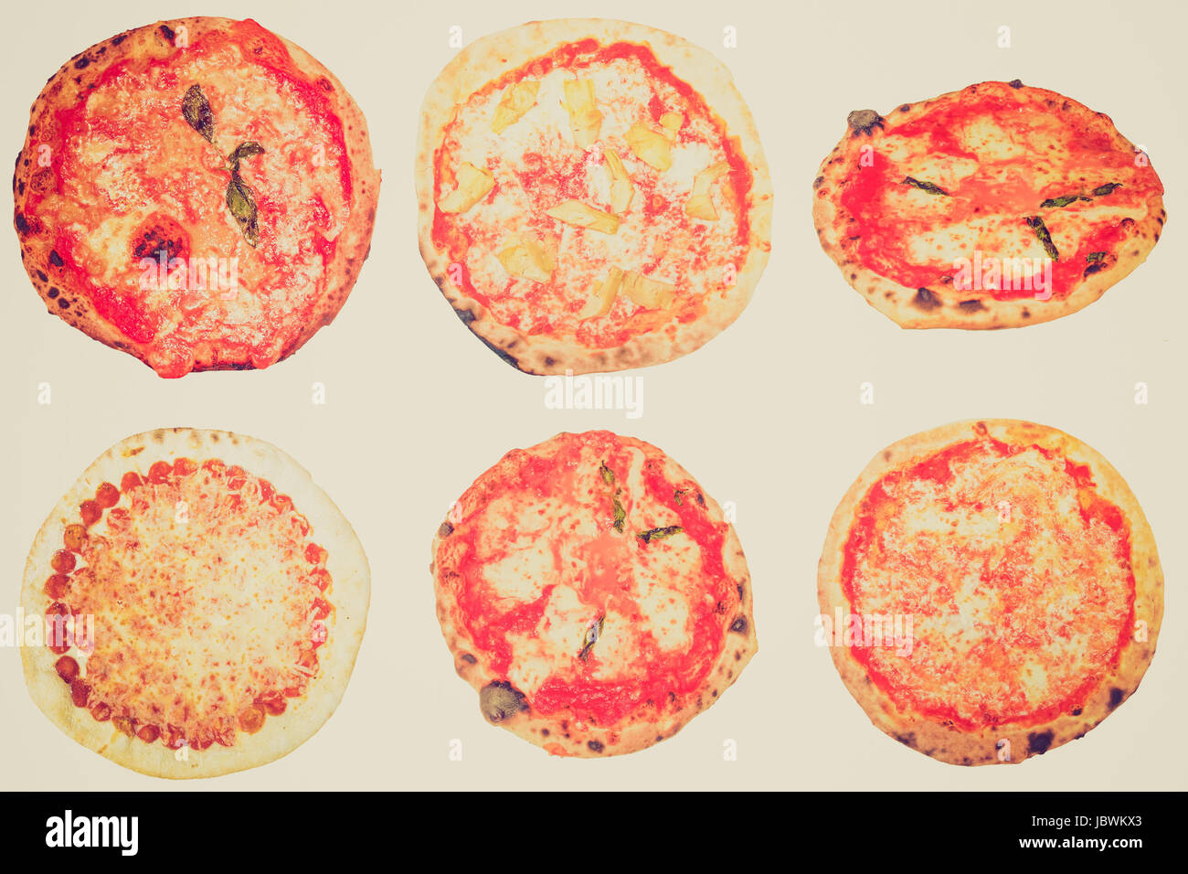 Vintage retro looking Many types of vegetarian pizzas including Italian ...