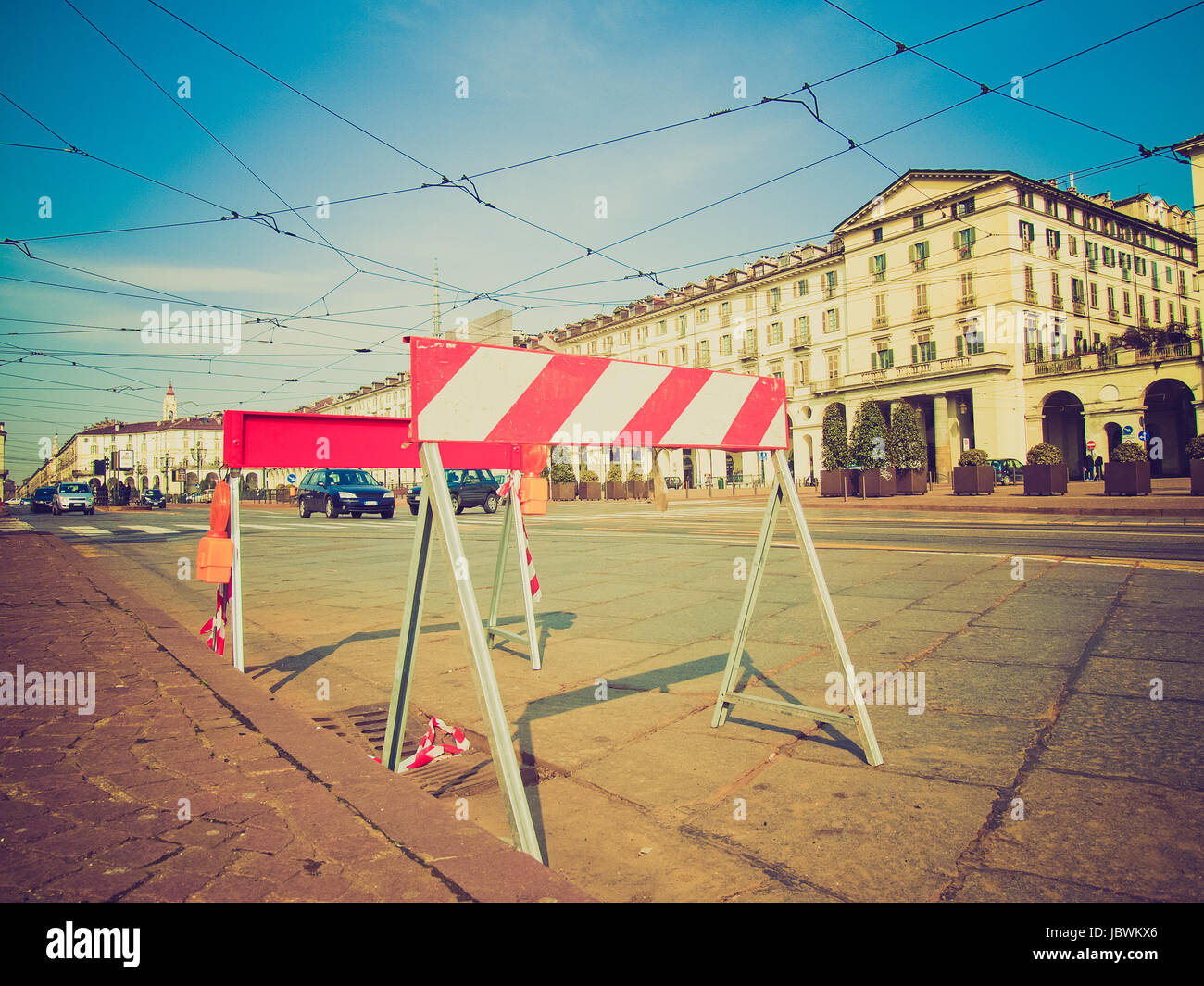 Vintage retro looking Road works sign for construction works in street ...