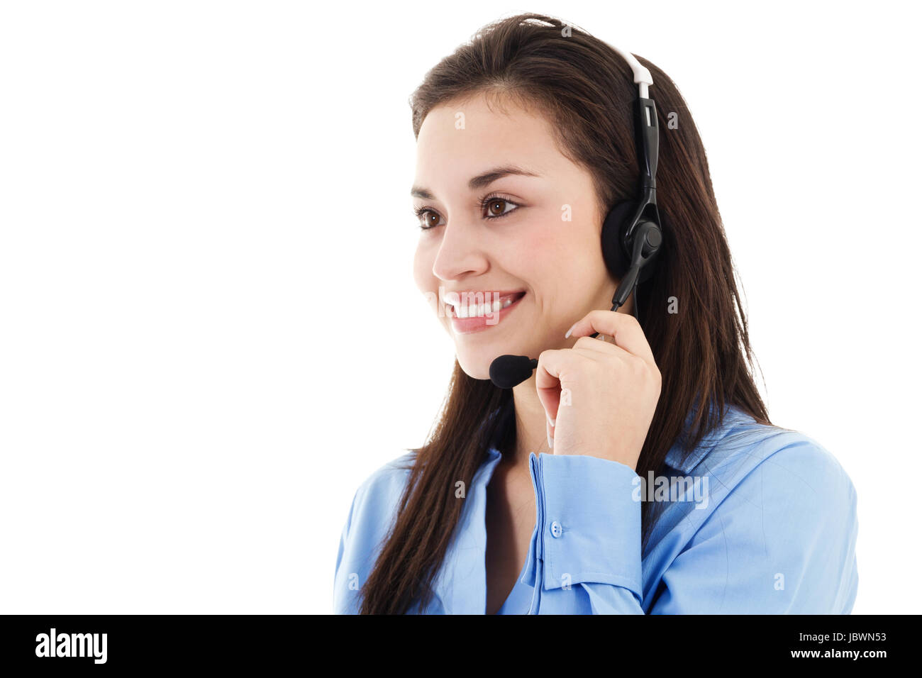 Stock image of female call center operator isolated on white background Stock Photo - Alamy