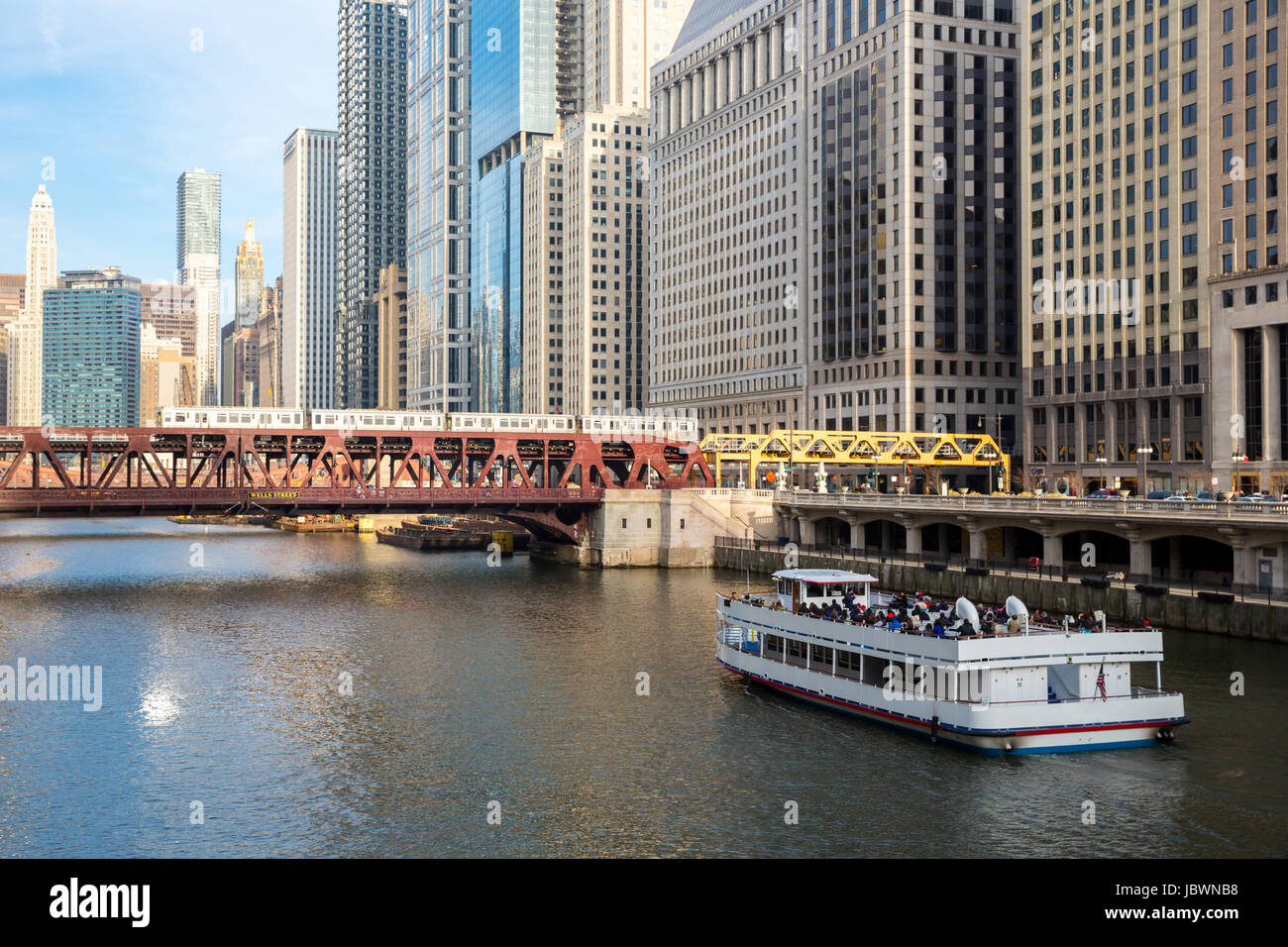 City of Chicago downtown and River with bridges Stock Photo - Alamy