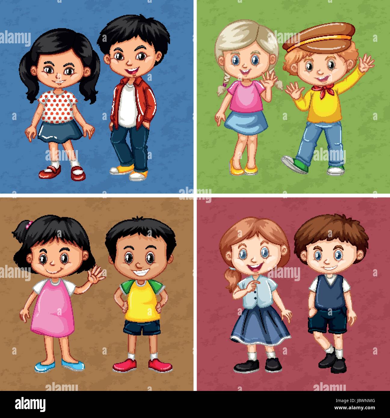 Cute boys and girls in four backgrounds illustration Stock Vector Image ...
